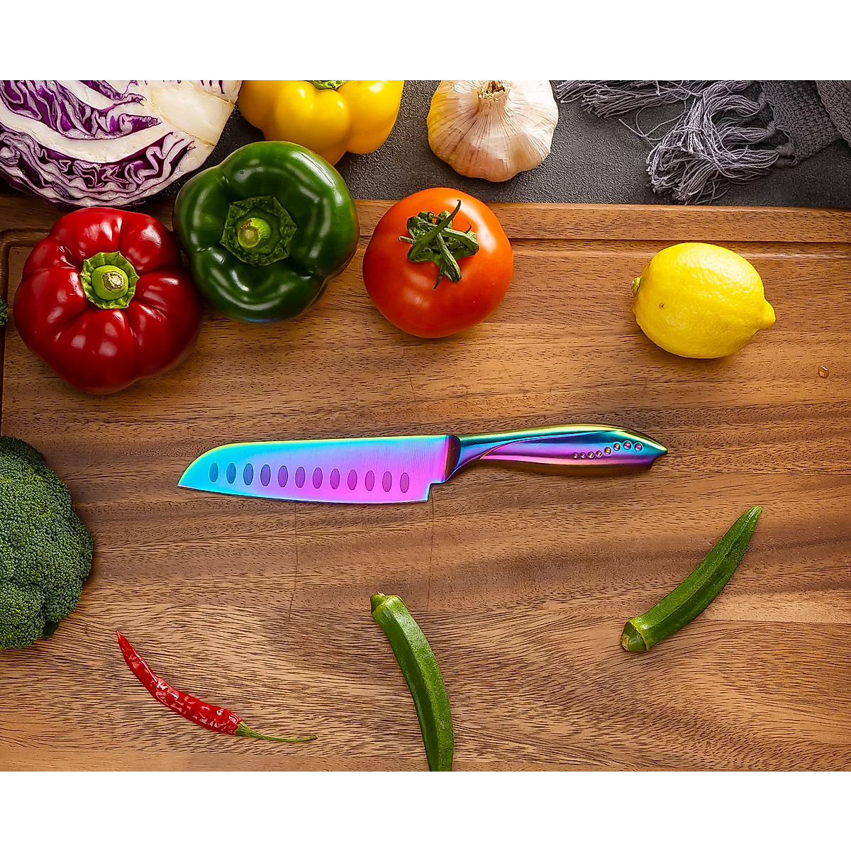 WELLSTAR Santoku Knife 5 Inch, Super Sharp German Steel Kitchen Cooking Knife with Comfortable Handle and Rainbow Coating for Slicing Dicing and Mincing of Meat Vegetables and Fruits for Small Hand