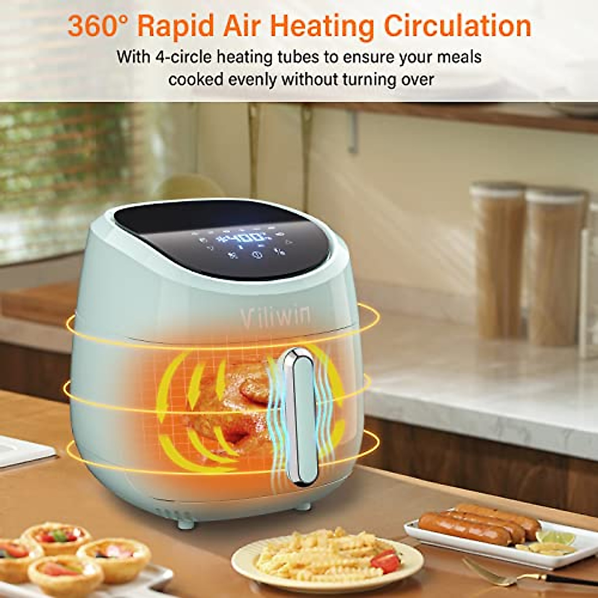 VILIWIN Air Fryer 4.5 QT Digital Air Fryer Cooker 8 Preset Menus AirFryer Hot Air Fryer with Auto Shut Off 30 Minute Timer Adjustable Temperature Control Nonstick Tray 1400W Air Fryer Blue