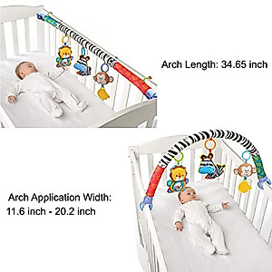 Adjustable Baby Travel Play Arch, Detachable Activity Musical Animal Toys Mobile for Bassinet Crib Stroller Pram Car Seat Mobiles Width Among 11.6-20.2 Inch with Rattles BB Squeaker Teether