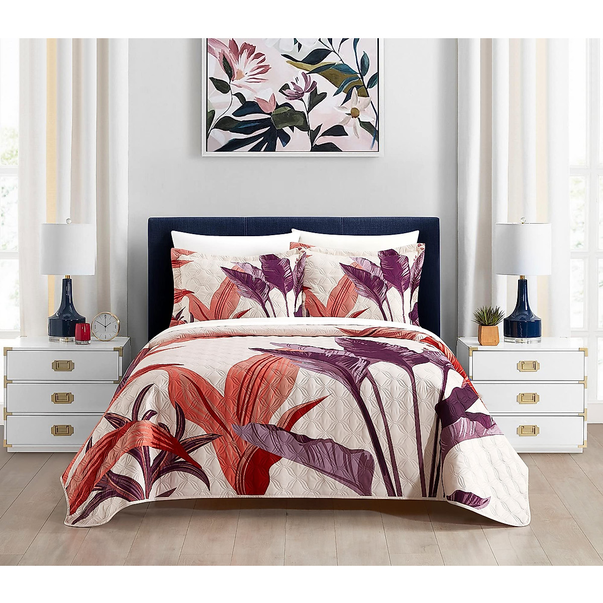 New York & Company Trident 3 Piece Quilt Set Contemporary Large Scale Floral Print Design Bedding - Pillow Shams Included, Queen, Pink