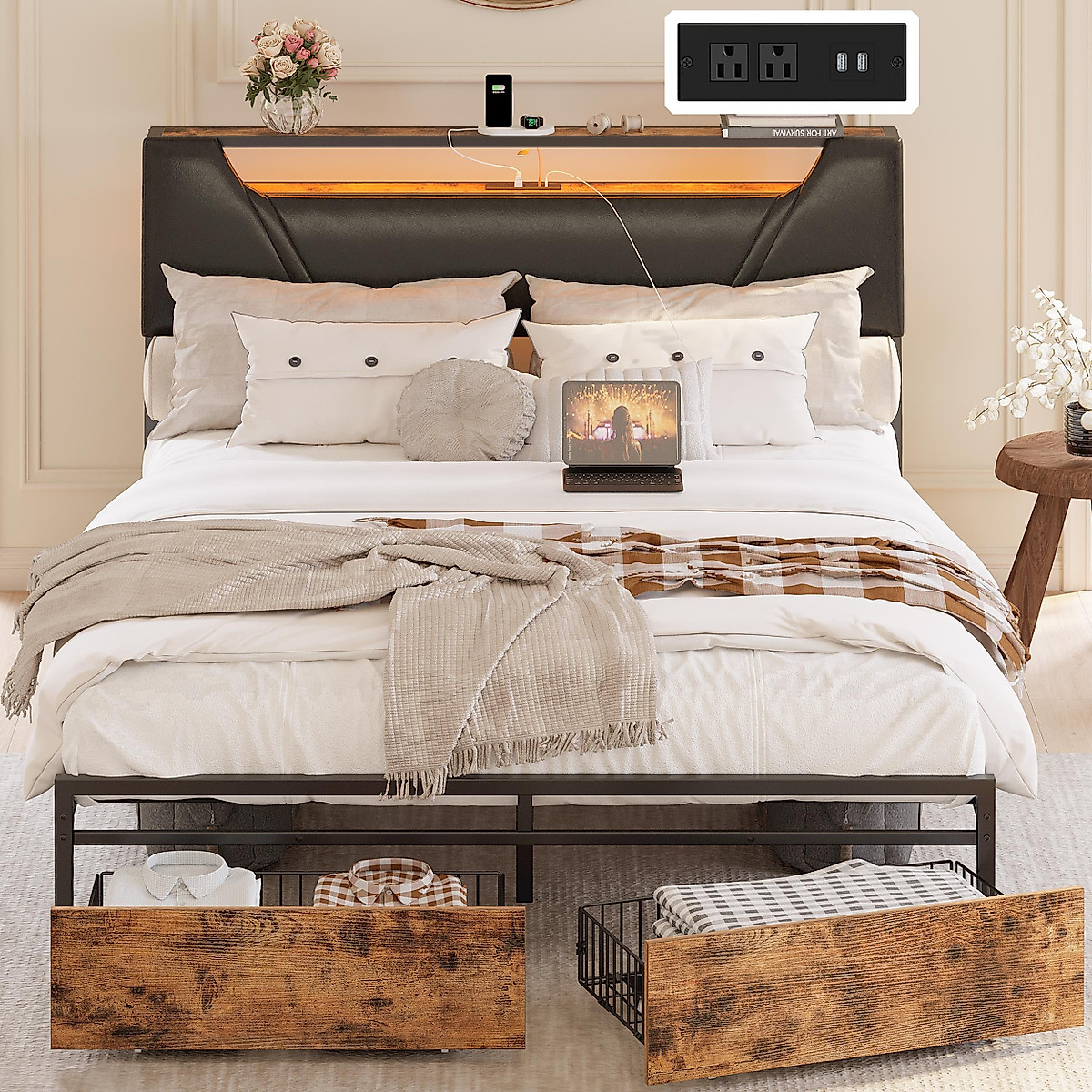IRONCK Queen Bed Frame with Drawers, Ergonomic Storage Headboard with Charging Station, LED Light, Solid and Stable, No Box Spring Needed