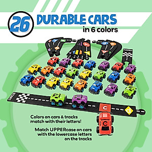 Skoolzy Alphabet Cars for Kids | Alphabet Car Toy with Track 41 pcs | Alphabet Cars & Tracks | Preschool Alphabet Toys with ebook