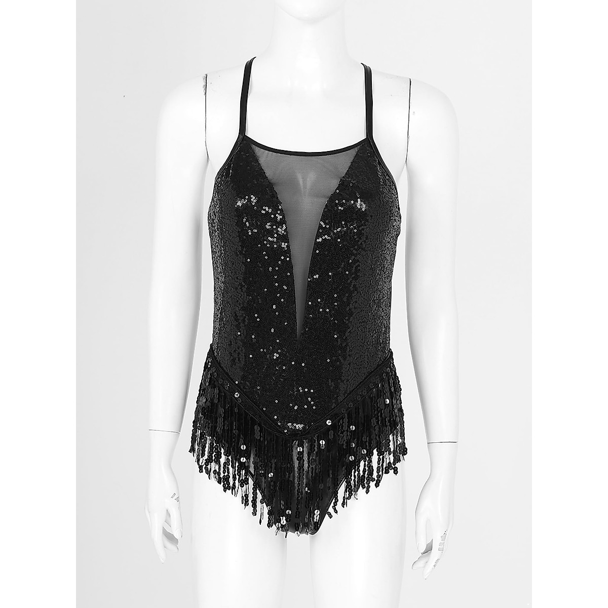 WinChang Womens Mesh Splice Sequin Leotard with Fringe for Latin Dance Gymnastics Bodysuit Black A Small