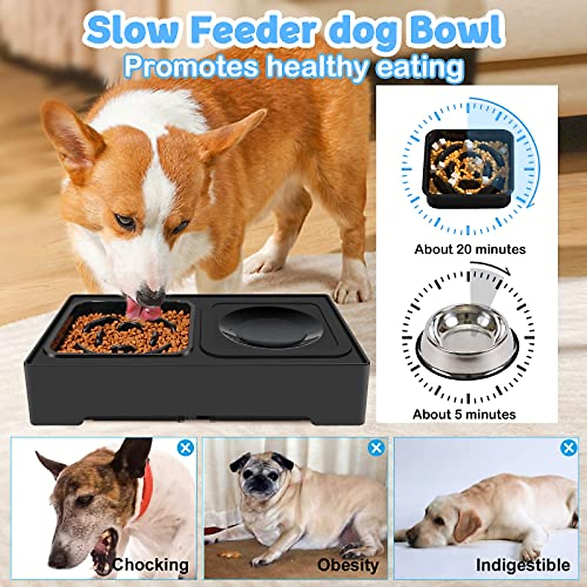 ikuso 2-in-1 Elevated Slow Feeder Dog Bowls 4 Height Adjustable Raised Dog Bowls with No Spill Water Bowl and Non-Skid Silicone Mat Non-Toxic Slow,Mess Proof,Non-Tip，Protect Dog Spine