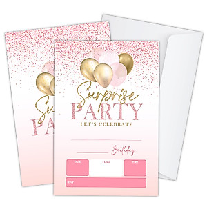 Rose Pink Gold Surprise Birthday Invitations for Women, Pink Balloons Birthday Invites for Adult Boys Girls Teens kids, Any Age Birthday Party Invite Ideas, 20 Invitations with Envelopes - JY709