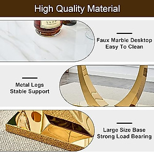 Goderfuu Glass Dining Table for 6 People, 63 inch Modern Kitchen Table with Gold Metal U-Base, White Marble Textured Glass Dining Table Pedestal Dinner Table, Faux Marble Dining Table for Dining Room