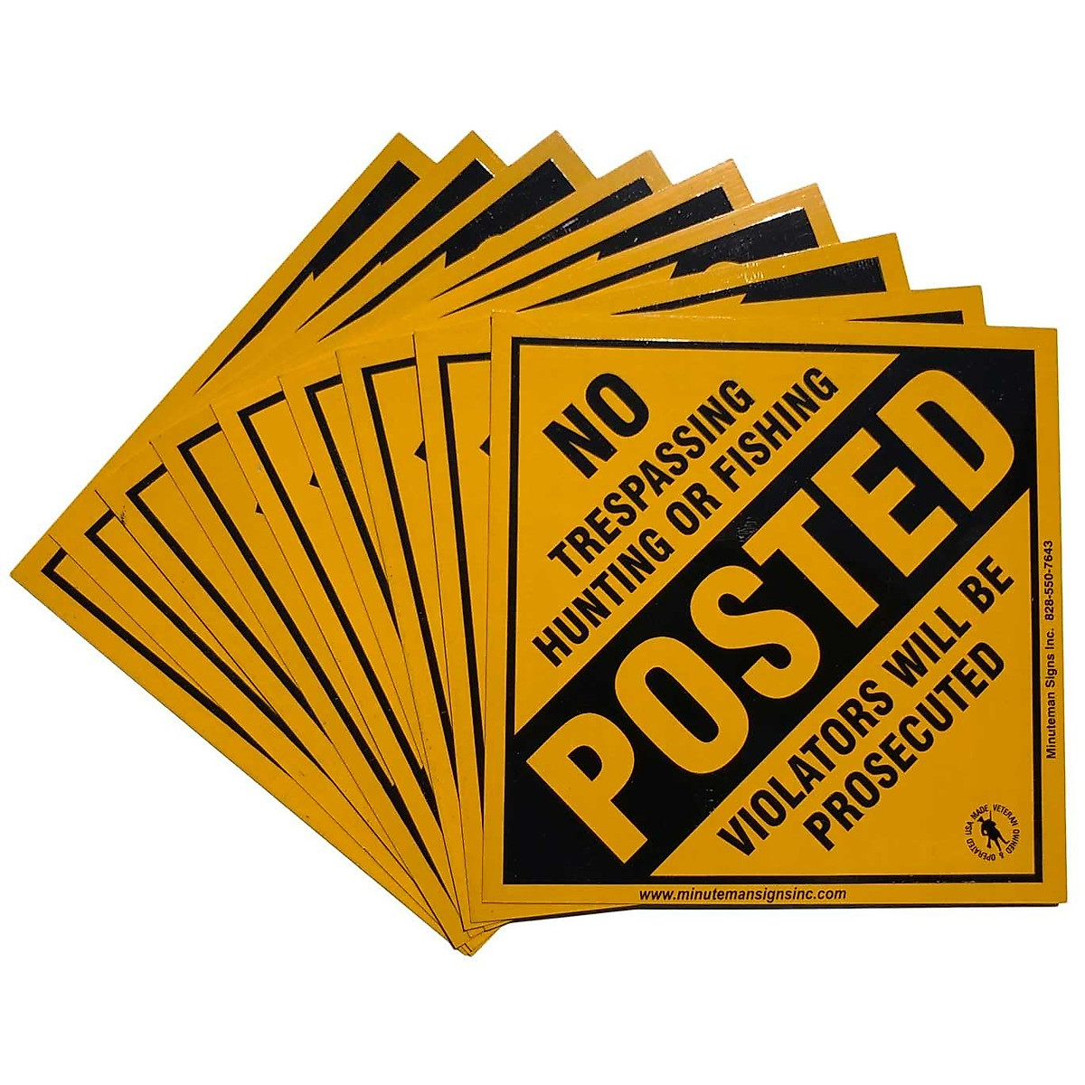 No Trespassing, No Hunting, No Fishing, Boundary Marker, Small, Diamond, Aluminum, Yellow, 10 Pack