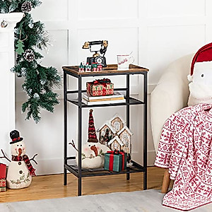 HOOBRO Side Table, Industrial End Telephone Table with Adjustable Mesh Shelves, for Office Hallway or Living Room, Wood Look Accent Furniture, Tall and Narrow, Rustic Brown and Black BF01DH01