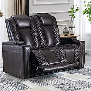 CANMOV Home Theater Seating, Electric Power Recliner with USB Ports and Cup Holders, Breathable Faux Leather Loveseat with Hidden Arm Storage, Ambient Lighting (Row of 2 Loveseat, Brown)