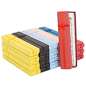 24 Pack Empty Jewelry Gift Boxes for Necklaces, Bracelets, Press On Nail Packaging with Lids and Decorative Ribbon Knot, 6 Colors (7.9 x 1.6 In)