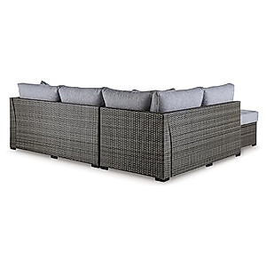 Signature Design by Ashley Petal Road Casual Weather Resistant Cushioned Outdoor Loveseat Sectional/Ottoman/Table Set with 2 Throw Pillows, Set of 4, Gray