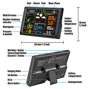 sainlogic Wireless Weather Station with Outdoor Sensor, 8-in-1 Weather Station with Weather Forecast, Temperature, Air Pressure, Humidity, Wind Gauge, Rain Gauge, Moon Phase, Alarm Clock (No WiFi)