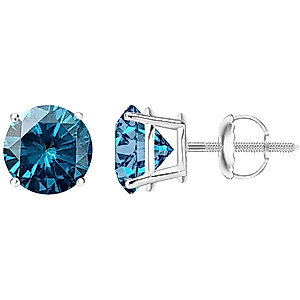 Houston Diamond District 1 Carat Total Weight Blue Solitaire Stud Earrings Pair 14K White Gold Popular Premium Collection 4 Prong Screw Back