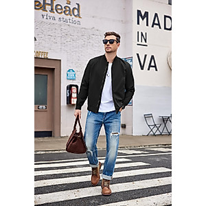 COOFANDY Men Black Bomber Jacket Lightweight Casual Softshell Flight Windbreaker Outerwear Coat Black L