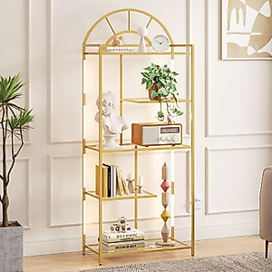 Lifewit Arched Geometric Led Display Shelf with Adjustable Color Temperature and Brightness Control, Etagere Bookshelf with Metal Frame and Glass Shelf for Living room, Bedroom, Curio Cabinet, Gold