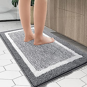 OLANLY Bathroom Rugs, Extra Soft and Absorbent Microfiber Bath Mat, Non-Slip, Machine Washable, Quick Dry Shaggy Bath Carpet, Suitable for Bathroom Floor, Tub, Shower (Grey and White, 24 x 16 Inches)