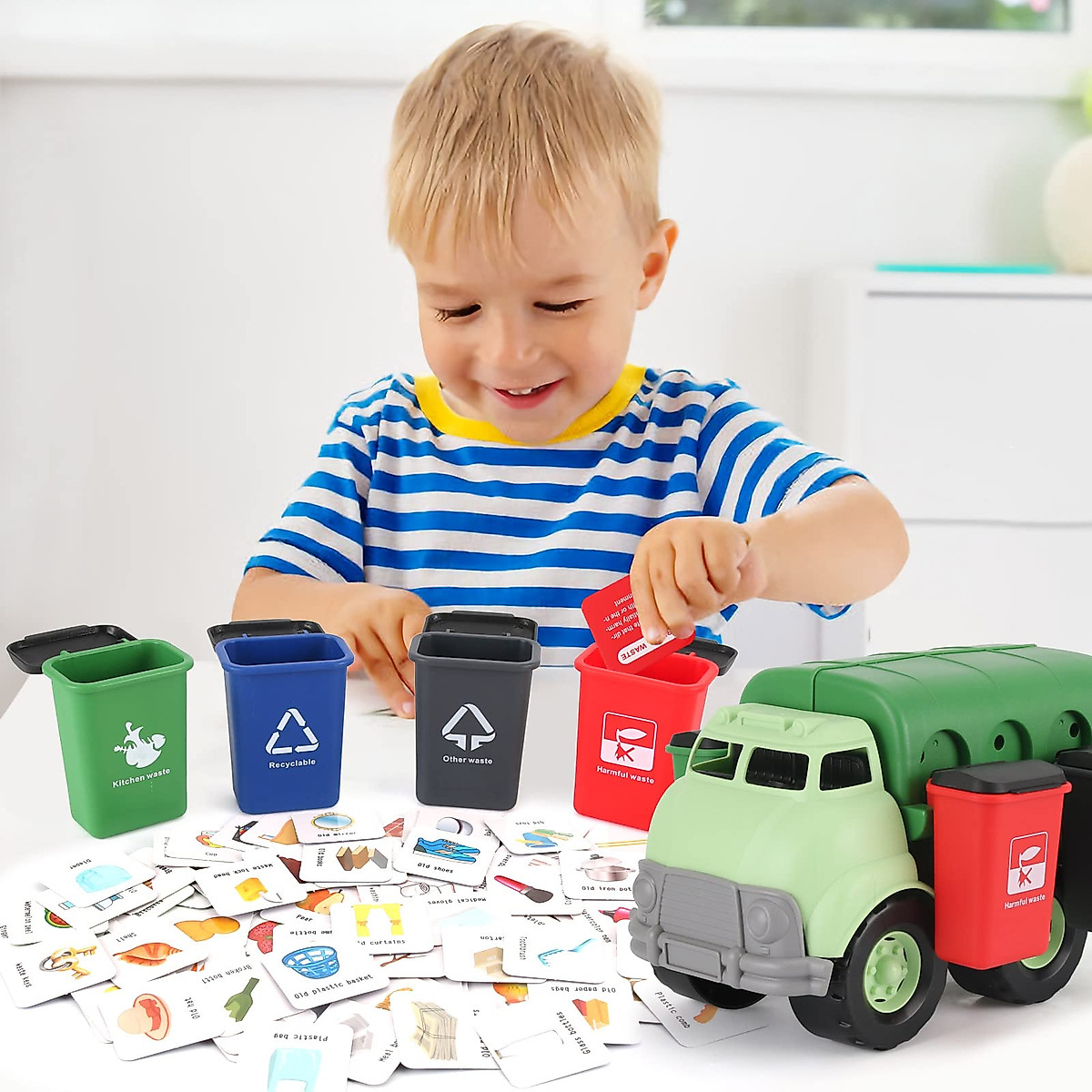 Liberty Imports Big Plastic Garbage Truck Toy, Waste Management Recycling Green Dump Vehicle with 4 Trash Cans and Recycle Sorting Cards for Little Kids, Toddlers