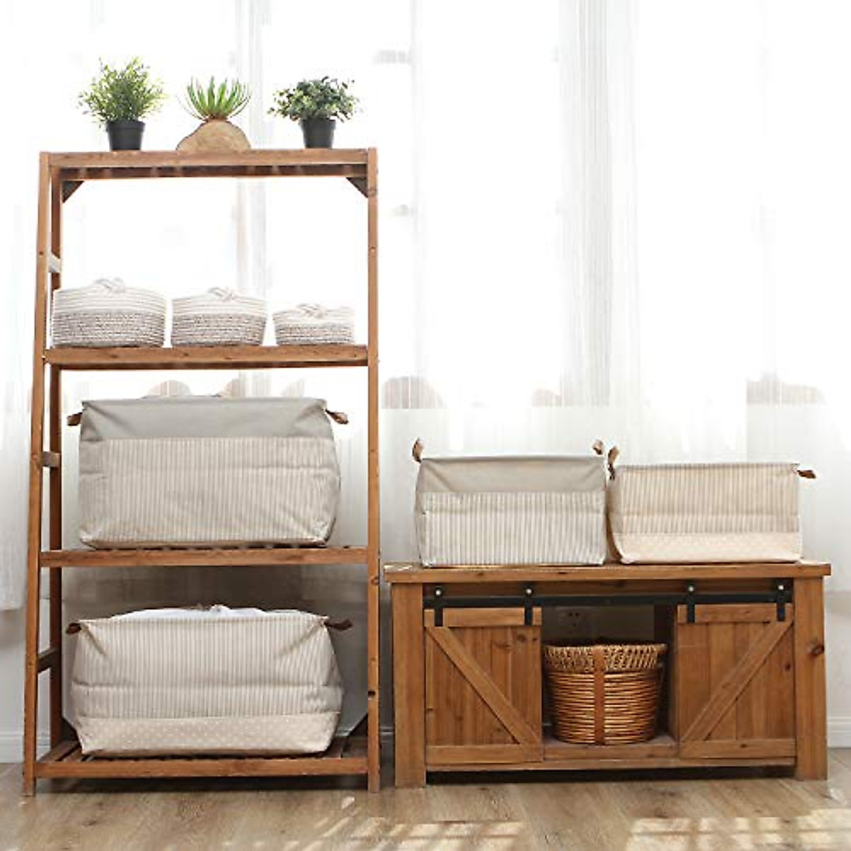 Hinwo 70L Extra Large Capacity Storage Basket with Handles, Canvas Fabric Storage Bin, Rectangle Storage Box, Clothes, Toys Organizer for Nursery, Kid’s Room, 22 x 15 inches, Waterproof, Grey Streak