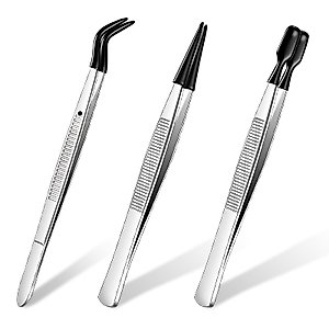 Honoson 3 Pieces Tweezers with Rubber Tips PVC Coated Set Rubber Straight Flat Tip Long Bent Tweezers for Crafts Stamps Beads Jewelry Tools(Black)