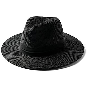 FURTALK Panama Hat Sun Hats for Women Men Wide Brim Fedora Straw Beach Hat UV UPF 50+ Black