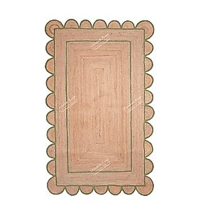 Jaipur Weaver Group Natural Jute Scalloped Area Rug Scallop Braided Boho Rugs Handwoven Bohemian Rug for Farmhouse & Home Decor (Green-4'x6'), BD2-GRN-4'x6'