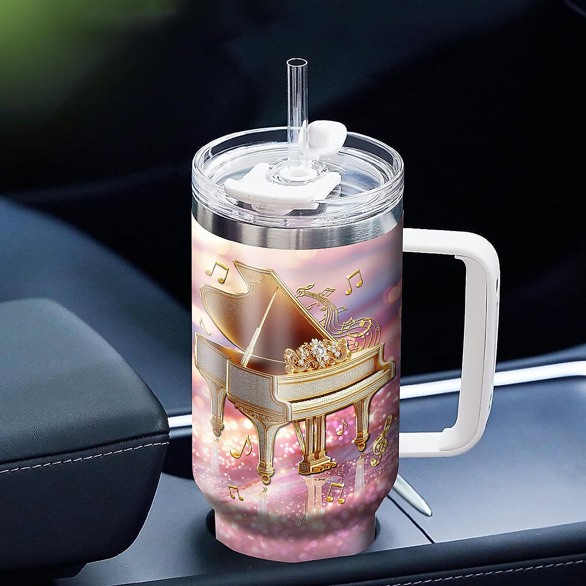 WAZONE Personalized Piano Tumbler With Name Tumbler 40oz with Handle and Straw Stainless Steel Double Wall Vacuum Customized Christmas Birthday Gifts for Music Lovers Teachers Pianist