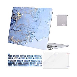 MOSISO Compatible with MacBook Pro 13 inch Case M2 2023, 2022, 2021-2016 A2338 M1 A2251 A2289 A2159 A1989 A1708 A1706,Plastic Watercolor Marble Hard Case&Keyboard Skin&Screen Protector&Pouch, Blue