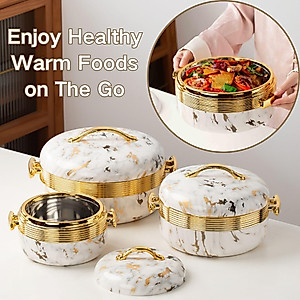 TOMANOON Round Thermal Hot/Cold Serving Bowls Set of 3, 3.5/2/1 L Insulated Casserole Dishes With Lid, Great for salad, stews, and soup, Ideal for parties, holidays, and Travel(Marble White)