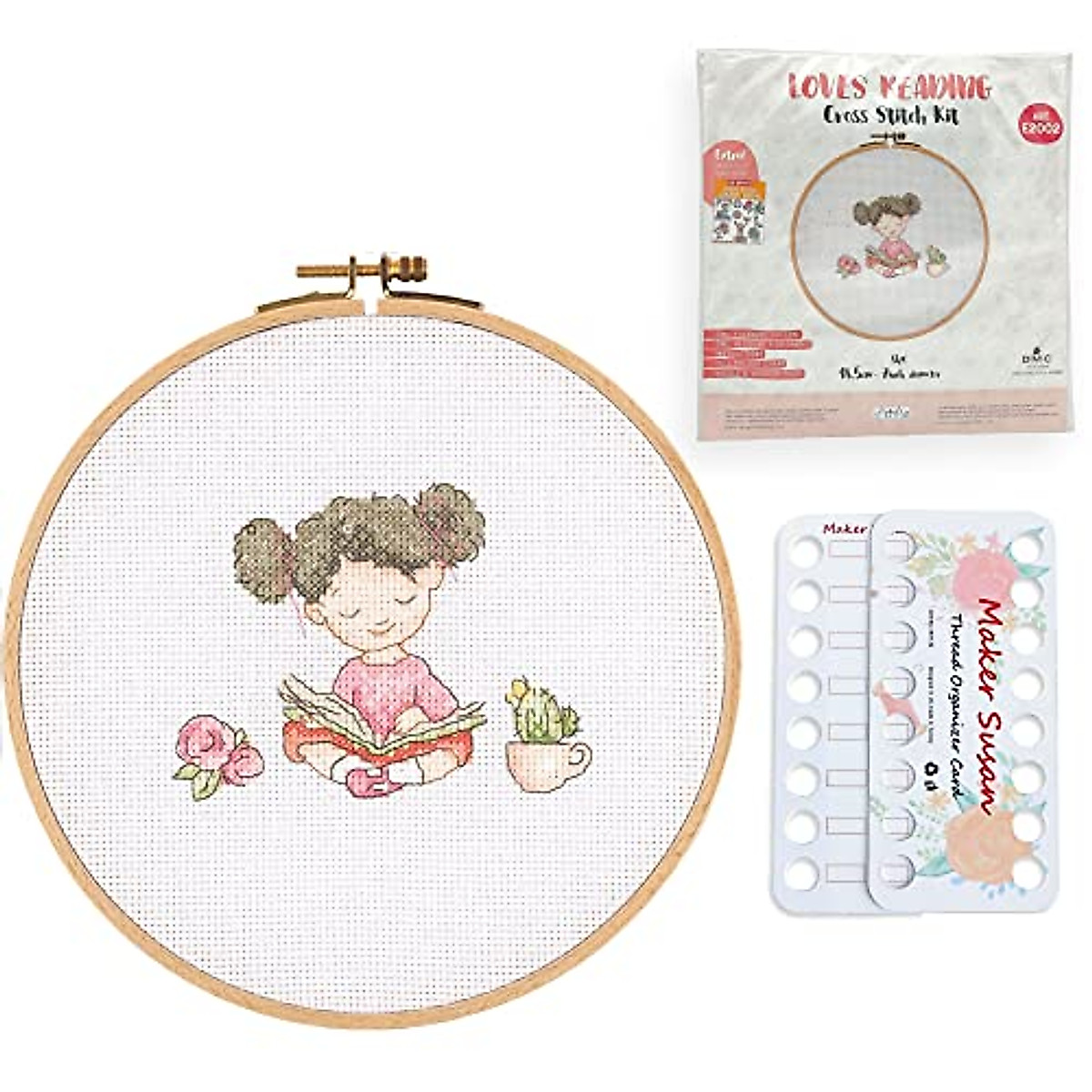 Maker Susan Loves Reading Pattern Counted Cross Stitch Kits for Adults and Beginners with Wooden Hoop, DMC Fabric, Threads and Needles, Embroidery Thread Floss Organizer Cards, Embroidery Kit (E2002)