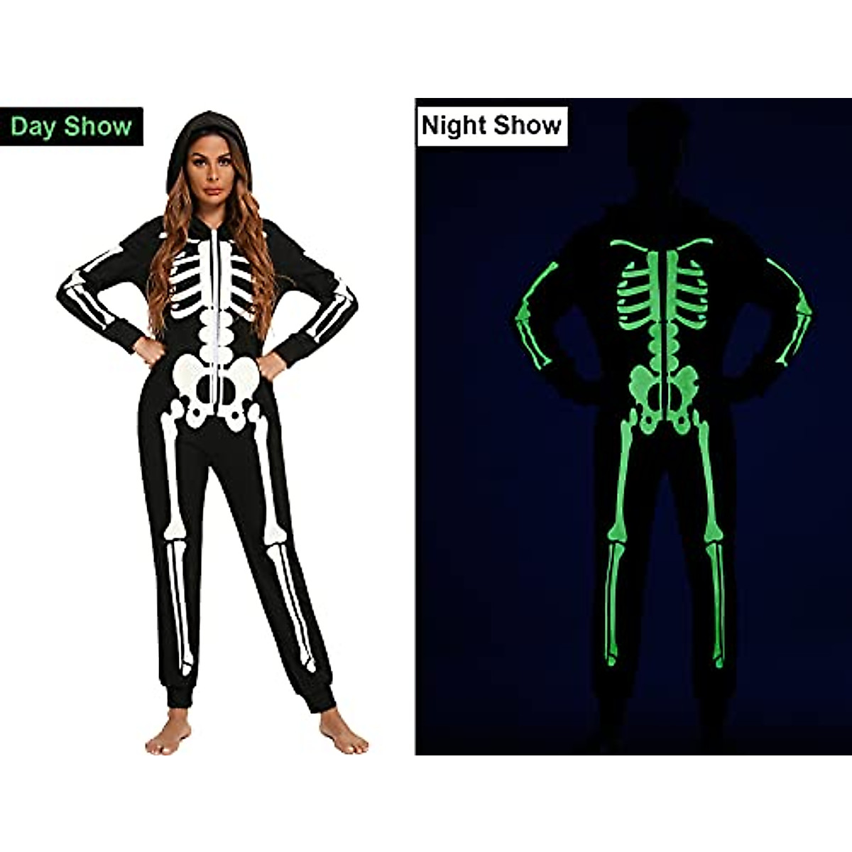 Veseacky Women's Skeleton Costume Onesie Pajama Halloween Holiday Glow in Dark One-Piece PJS with Hoodie Bodysuit Skeleton Jumpsuit Outfits Small