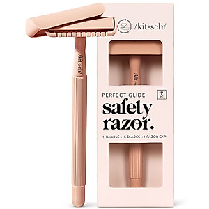 Kitsch Double Edge Safety Razor Kit for Women & Men, Long Metal Handle & Stainless Steel Single Blade, Razors for Women with 5 Double Edge Razor Blades Refills, Travel Reusable Razor for Shaving, 1 Pc