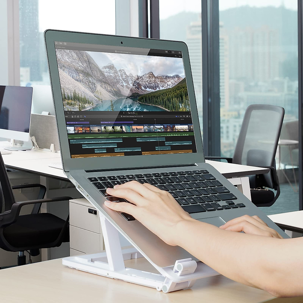 PHOCAR Laptop Cooling Pad, Adjustable Laptop Stand with Cooling Fan for MacBook, Compatible with iPad, iPhone Pro Max, MacBook, Dell, HP, Surface, from 7' to 17' Phones or Laptops-Black