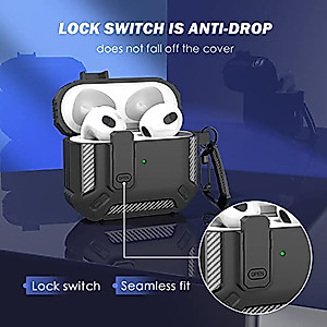 RFUNGUANGO AirPods 3rd Generation Case Cover with Cleaner Kit, Military Hard Shell Protective Armor with Lock for AirPod Gen 3 Charging Case 2021,Front LED Visible,Black
