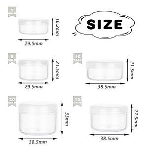 10 Pieces Small Travel Containers, 3/5/10/15/20 Gram Size Travel Jars, Cosmetic Travel Size Containers for Lotions and Creams, Plastic Sample Containers Jars with 12pcs Labels, 2pcs Mini Spatula