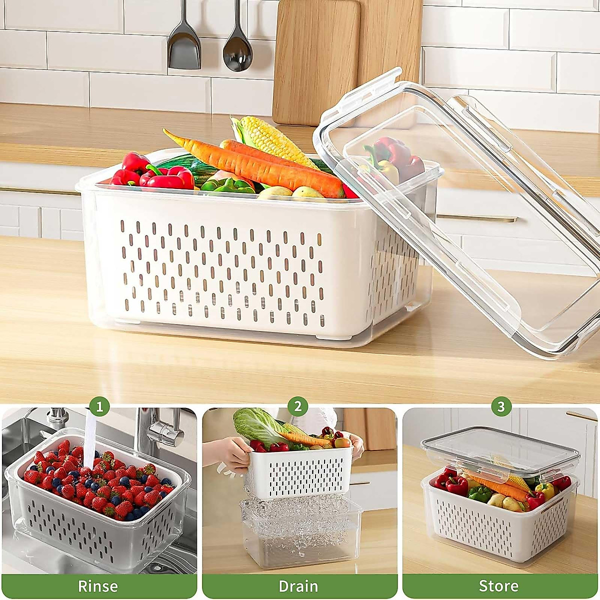 TFMODBFA 5 PCS Fruit Storage Containers for Fridge,Produce Storage Saver Containers with Removable Drain Colander&Airtight Lid, Food Grade Freezer Seal, Keeps Fruit Fresh for Long Time