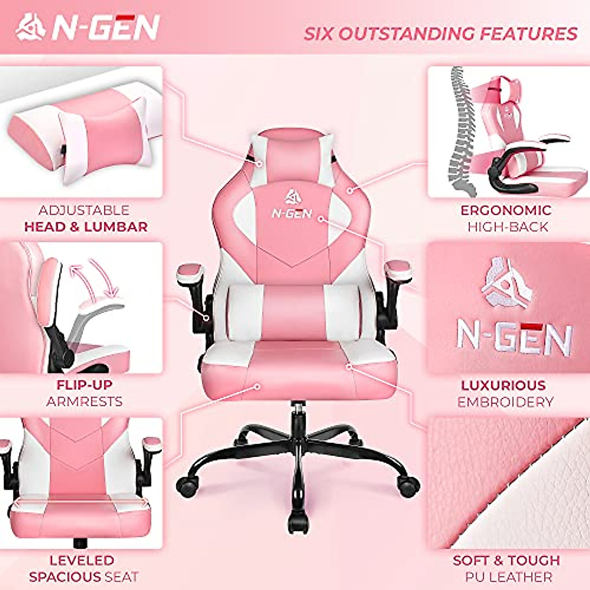 N-GEN Gaming Chair Ergonomic Office Chair PC Desk Chair with Lumbar Support Flip Up Arms Levelled Seat Style Headrest PU Leather Executive High Back Computer Chair for Adults Women Men (4. Peach Pink)