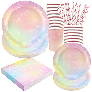 Pastel Birthday Party Supplies Decorations, Rainbow Theme Birthday Paper Plates and Napkins Set with Cups and Straws for 24 Guests, 120 Pcs Disposable Party Dessert Dinnerwares