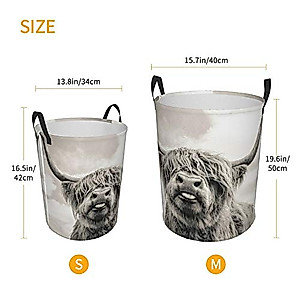 NYIVBE Portrait of Highland Cow Laundry Hamper with Handle,Collapsible Round Storage Bin for Bathroom Home Decor Baby Hamper Boxes Baby Clothing, Black, Medium
