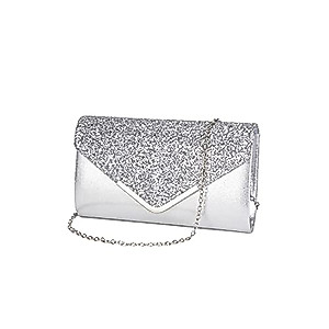 LAM GALLERY Sparkling Evening Clutch Handbag Bling Wedding Bride Purse Glitter Chain Shoulder Crossbody Bag - Silver
