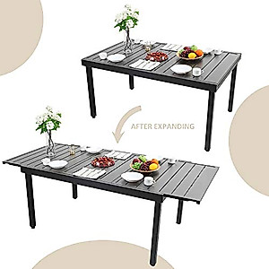 MFSTUDIO 7PCS Outdoor Patio Dining Set, 6 Spring Motion Chairs with Cushion, 1 Rectangular Expandable Table, Porch Lawn Backyard Garden Furniture Sets, Beige