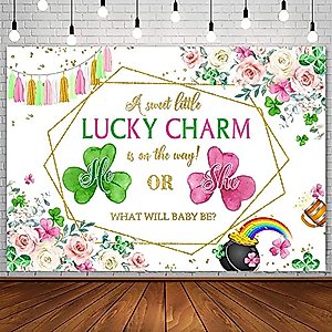 AIBIIN 7x5ft Lucky Charm Gender Reveal Backdrop St. Patrick's Day Baby Shower Photography Background He or She Pink or Green Shamrock Clover Gold Coin Party Decor Banner Supplies Photo Shoot Props