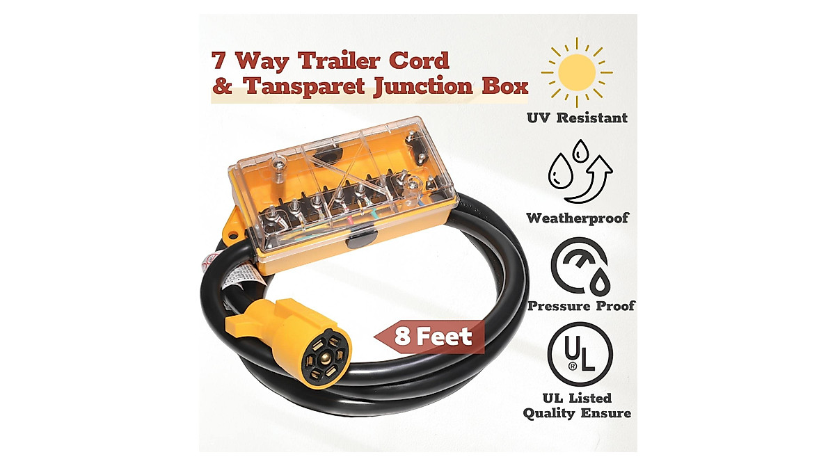 MECMO 7 Way Plug Inline Trailer Cord 8Ft w/ 7 Gang Junction Box, UL ...