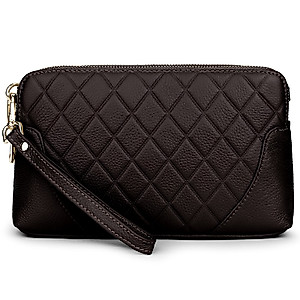 YALUXE Womens Wristlet Real Leather Quilted double zippers Large Clutch Wallet Shoulder Strap