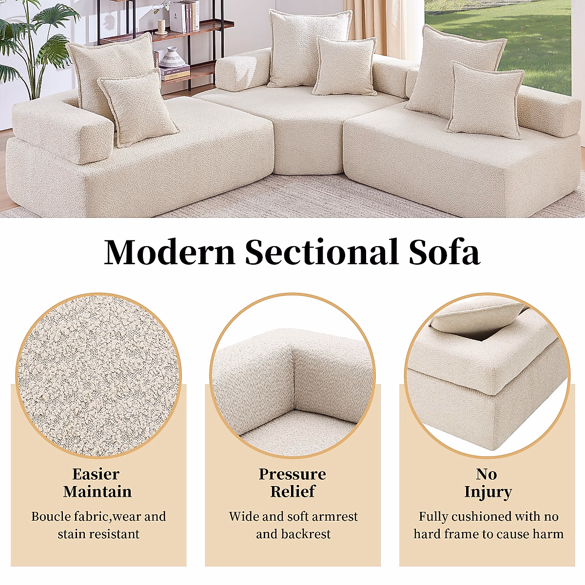 LUMISOL Oversized Modular U Shaped Sectional Sofa, Luxury Boucle Floor Couch Set, Convertible Sleeper Couch, Spacious Foam-Filled Sofa Bed for Living Room, 3 PC Free Combination, L Shaped, Beige