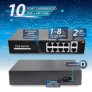8 Port PoE Switch with 2 Uplink, 802.3af/at PoE+ 100Mbps, 100W Built-in Power, Extend to 250 Meter, Metal Plug & Play, Unmanaged POE Switch