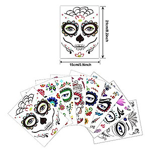 Halloween Temporary Face Tattoos (8Pack), Konsait Day of the Dead Sugar Skull Floral Black Skeleton Web Red Roses Full Face Mask Tattoo for Women Men Adult Kids Boys Halloween Party Favor Supplies