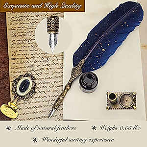AngleKai Quill Pen and Ink Set, Calligraphy Feather Pen Set with Wax Seal Stamp, Ink, and Wax Seal Sticks, Replacement Nibs, Spoon, Envelope Letter Paper, White Wax, Antique Quills for Gift (Blue)