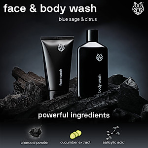Black Wolf Charcoal Powder Face and Body Wash Bundle for Oily Skin, Deep Clean- 2pc Bundle- Charcoal Powder and Salicylic Acid Reduce Acne Breakouts and Cleanse Your Skin- Gift Set for Men