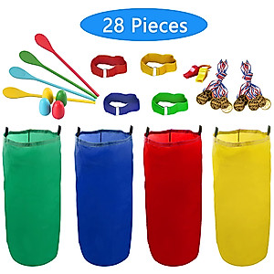 28PCS Potato Sack Race Bags, Egg and Spoon Race, Carnival Games 3-Legged Relay Race Bands, Outdoor Games for Kids and Adults (with Game Prizes & Whistles), Outside Yard Lawn Birthday Party Games