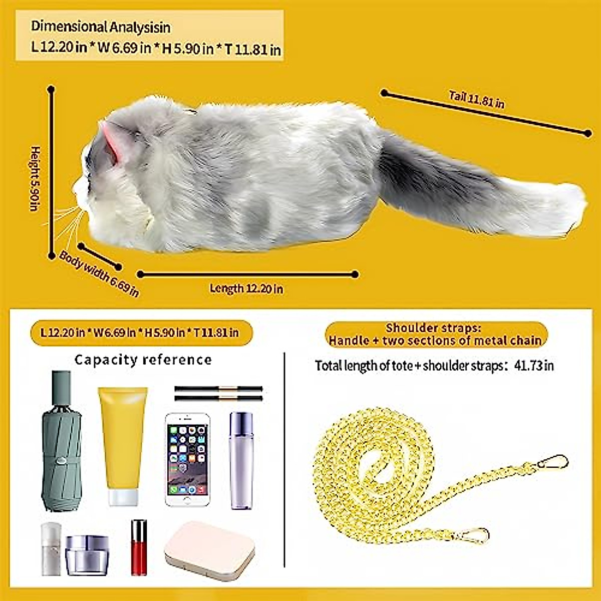 HUIJUFU Realistic Puffy Plush Cat Shaped Crossbody Handbag for Women（White gray）